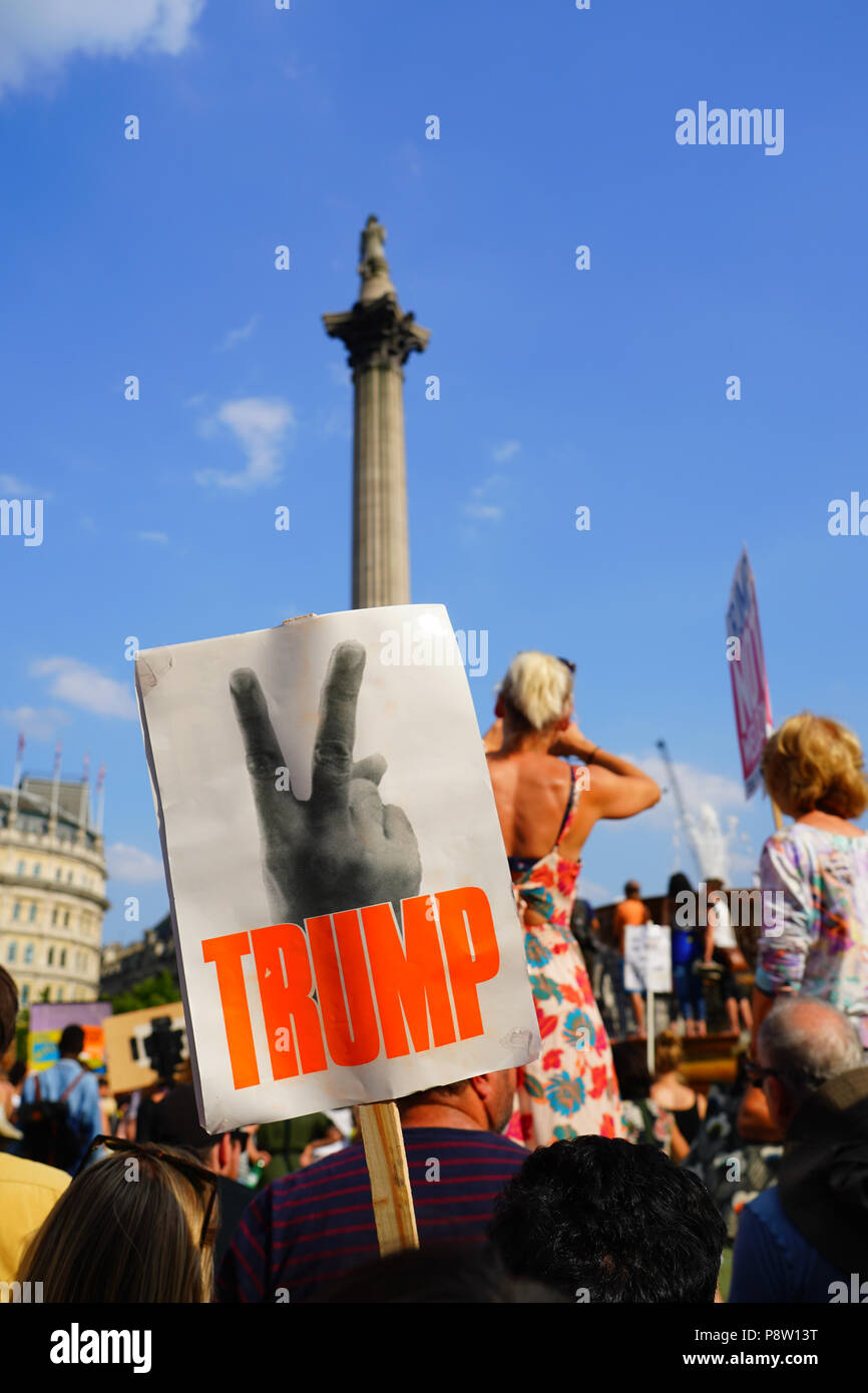 A placard with a two-finger gesture during a protest against Donald ...