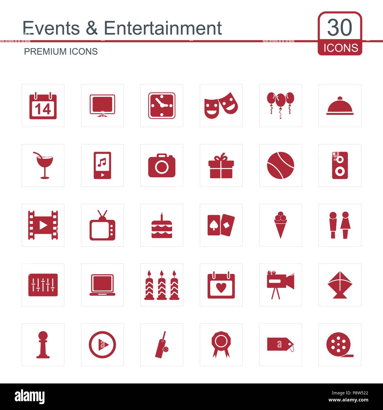Events and Entertainment red icons set. For web design and application ...