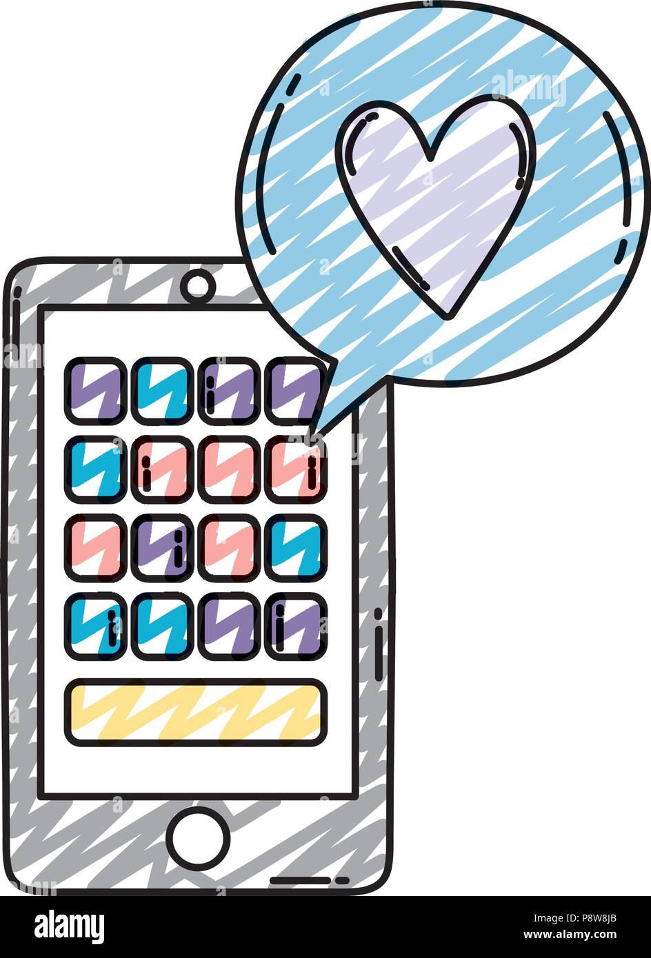 doodle smartphone with apps and heart inside chat bubble vector ...