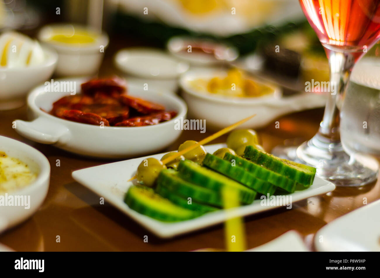 Set with different appetizers in small portions, healthy and delicious ...