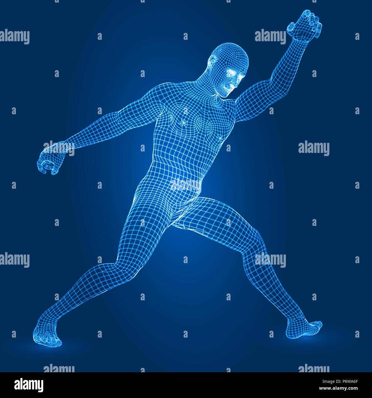 digital man figure in fight pose 3d wireframe style vector illustration ...