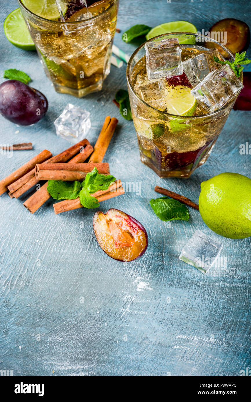 Summer iced refreshment drink. Cinnamon and plum lemonade cocktail ...