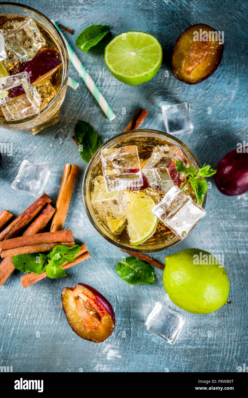 Summer iced refreshment drink. Cinnamon and plum lemonade cocktail ...