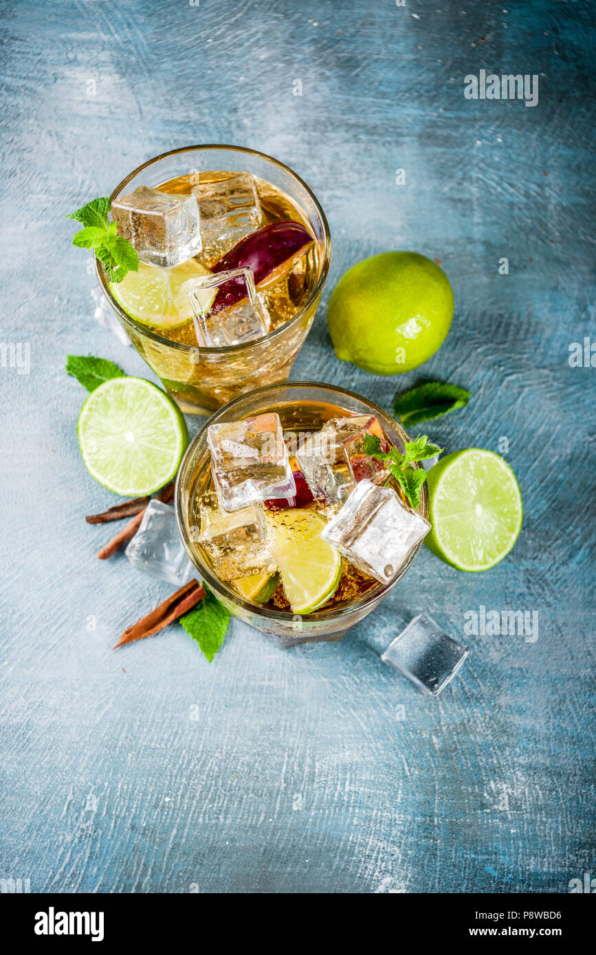 Summer iced tea with cinnamon, lime and mint leaves, copy space blue ...