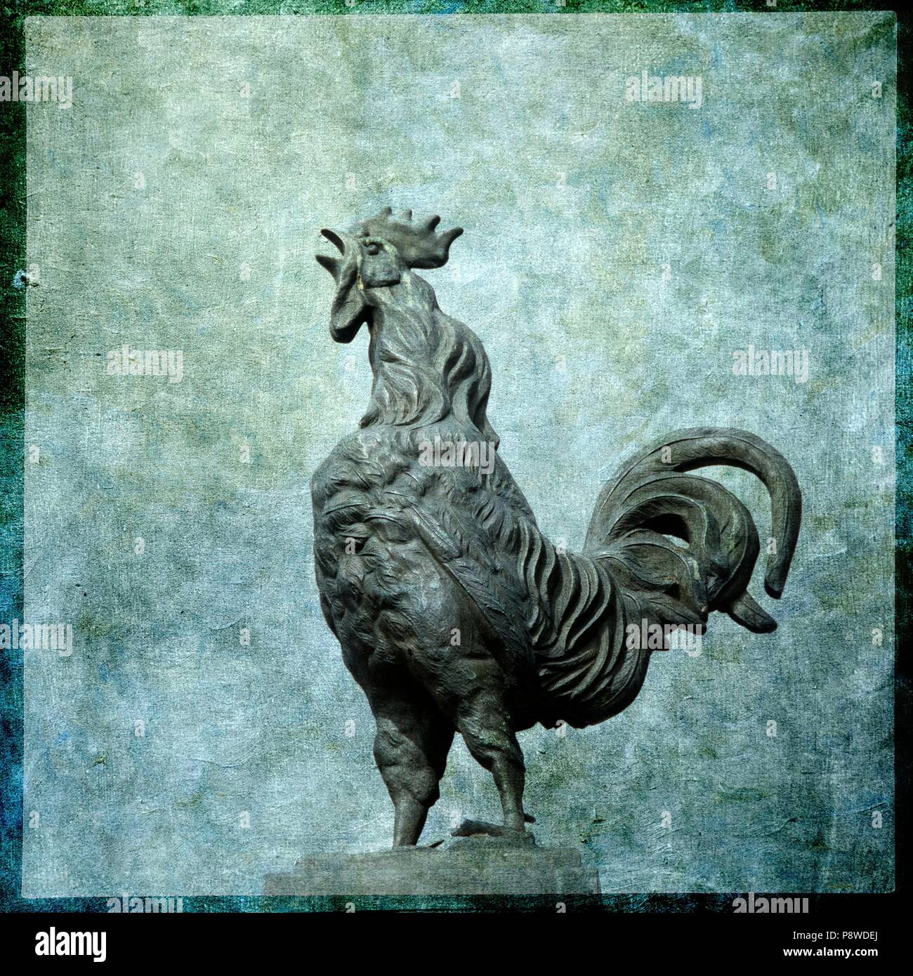 Rooster statue. Profile statue of a bronze cock that sings. Textured ...
