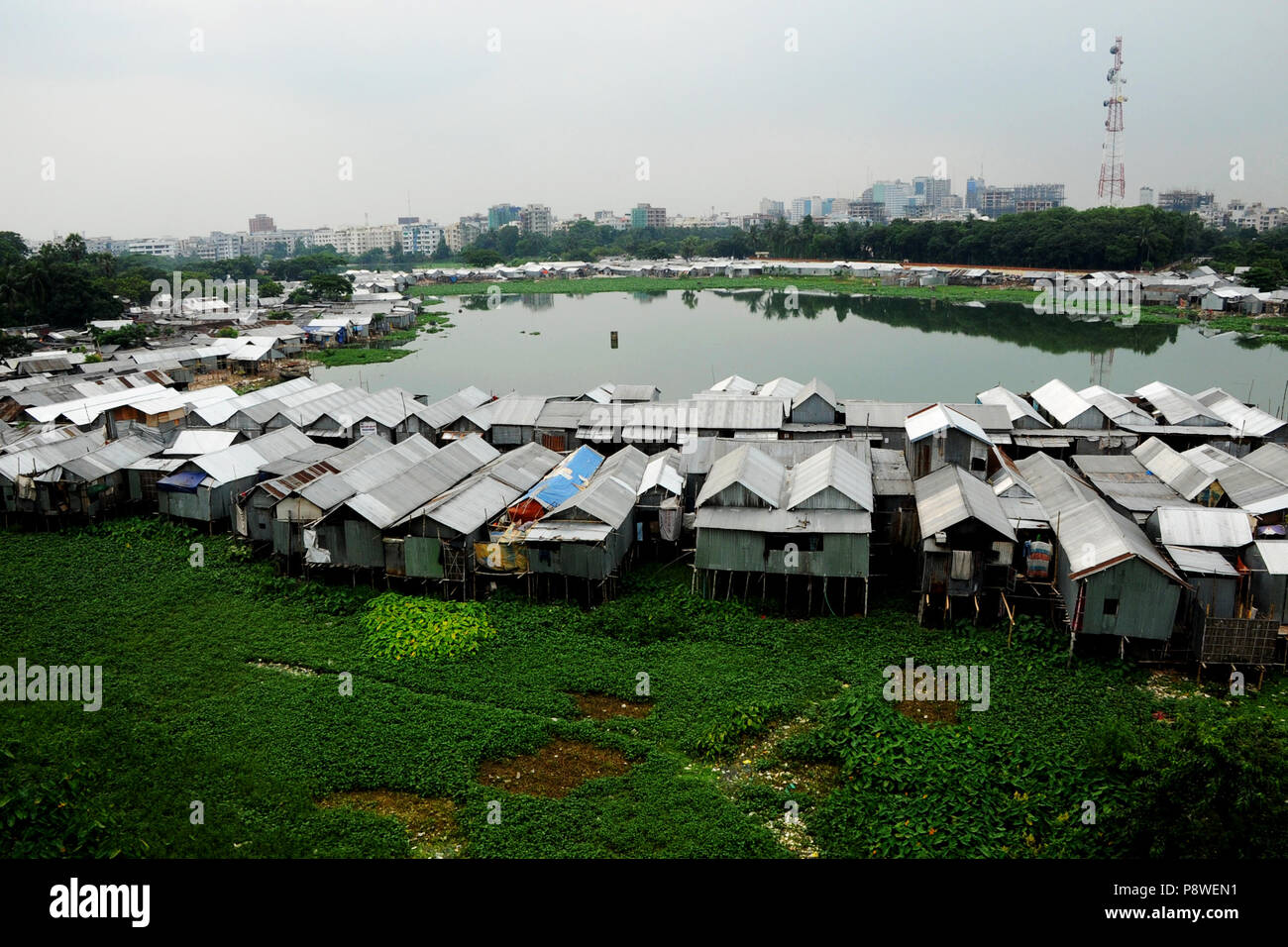 A top view of Korail Slum is located beside the Gulshan-Banani Lake in ...