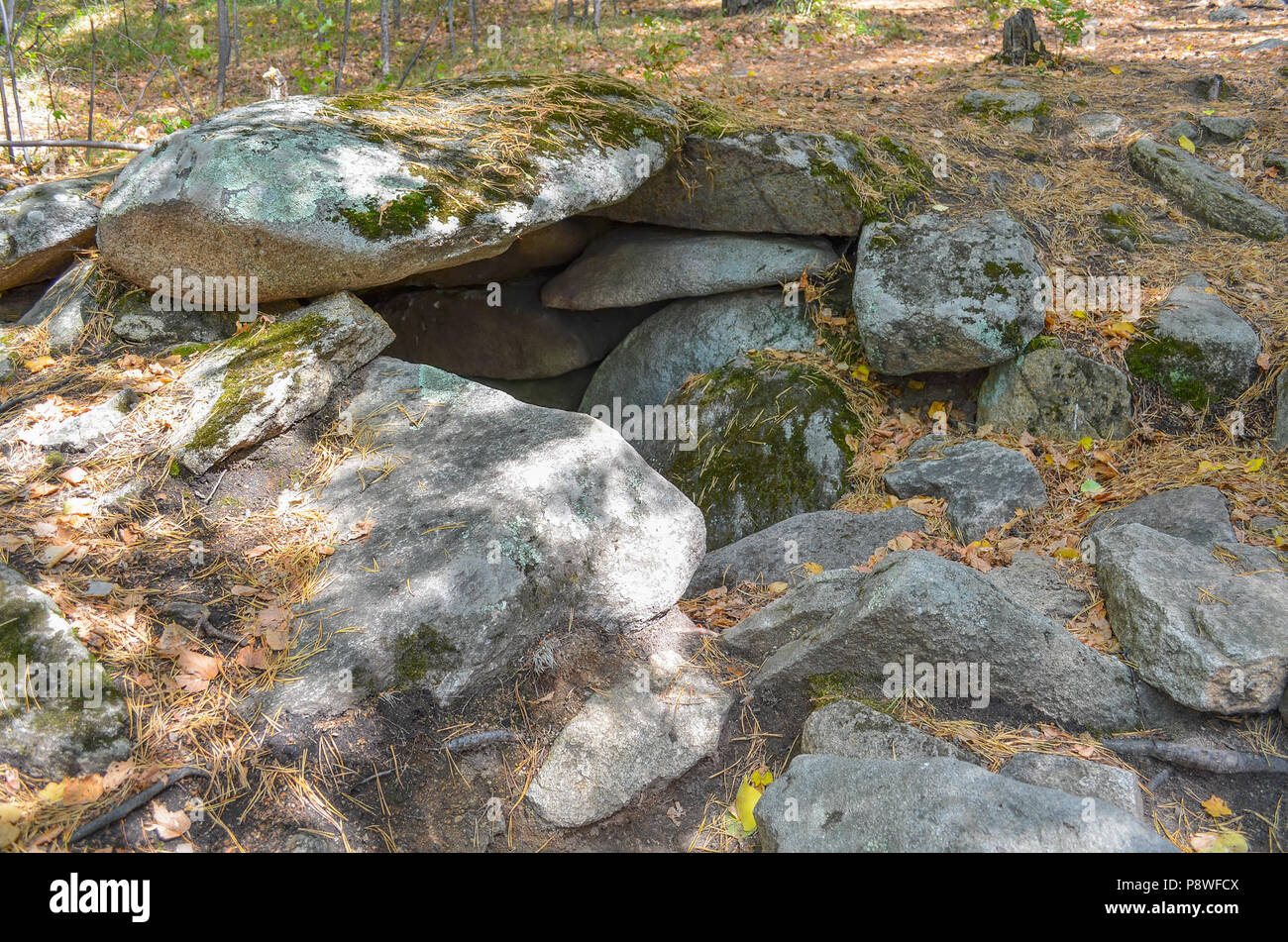 Ancient dolmen of the Neolithic age in the southern Urals. Megalithic ...