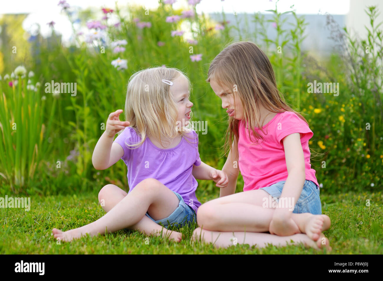 Two little sisters fighting outdoors on summer day Stock Photo - Alamy