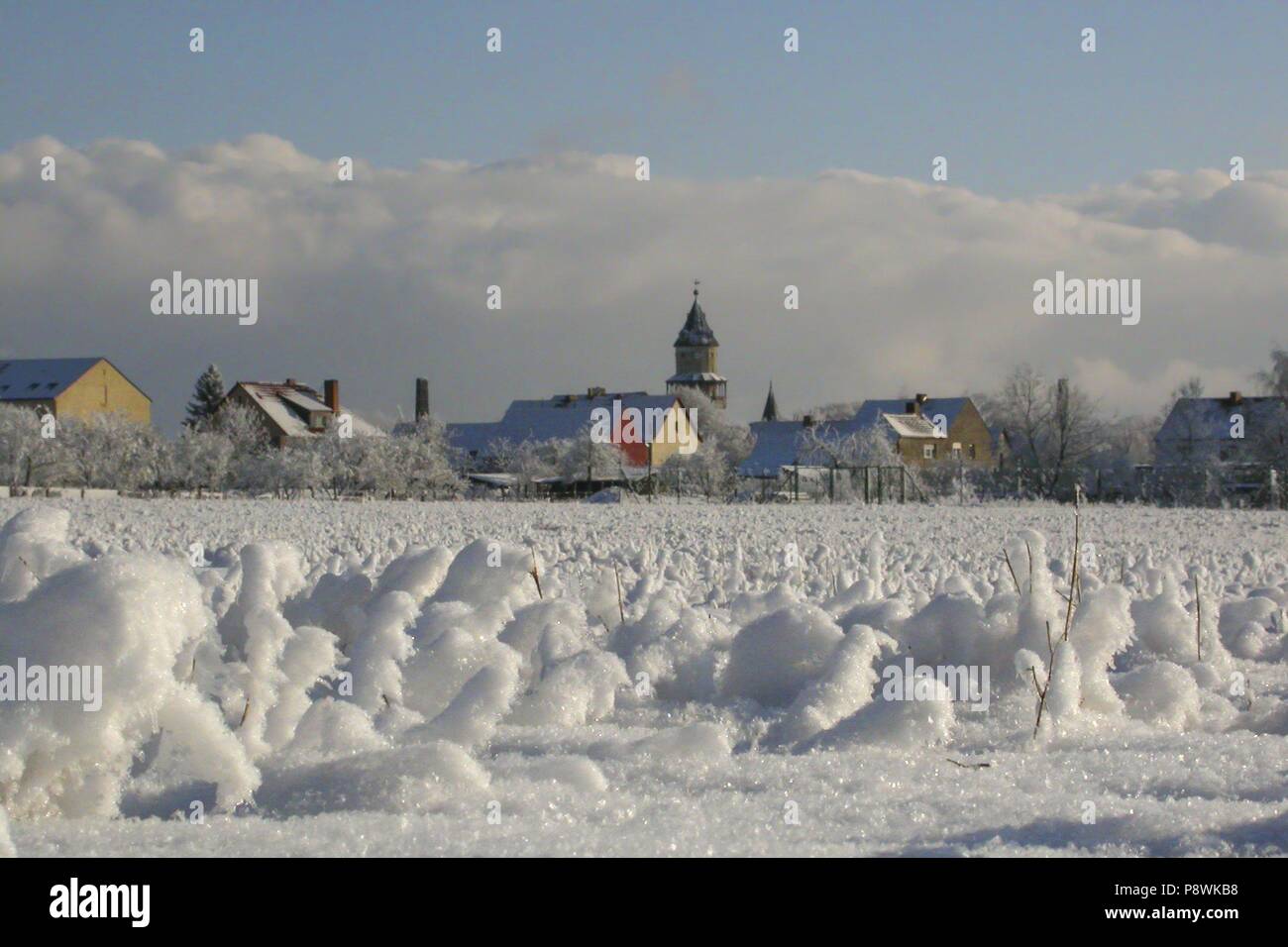winter scenery in snowy countryside, Wiesenburg, Brandenburg, Germany ...