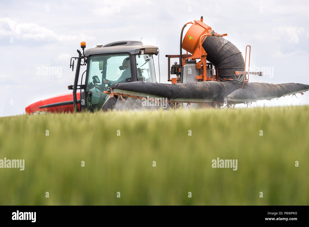 Tractor spraying wheat field with sprayer Stock Photo - Alamy