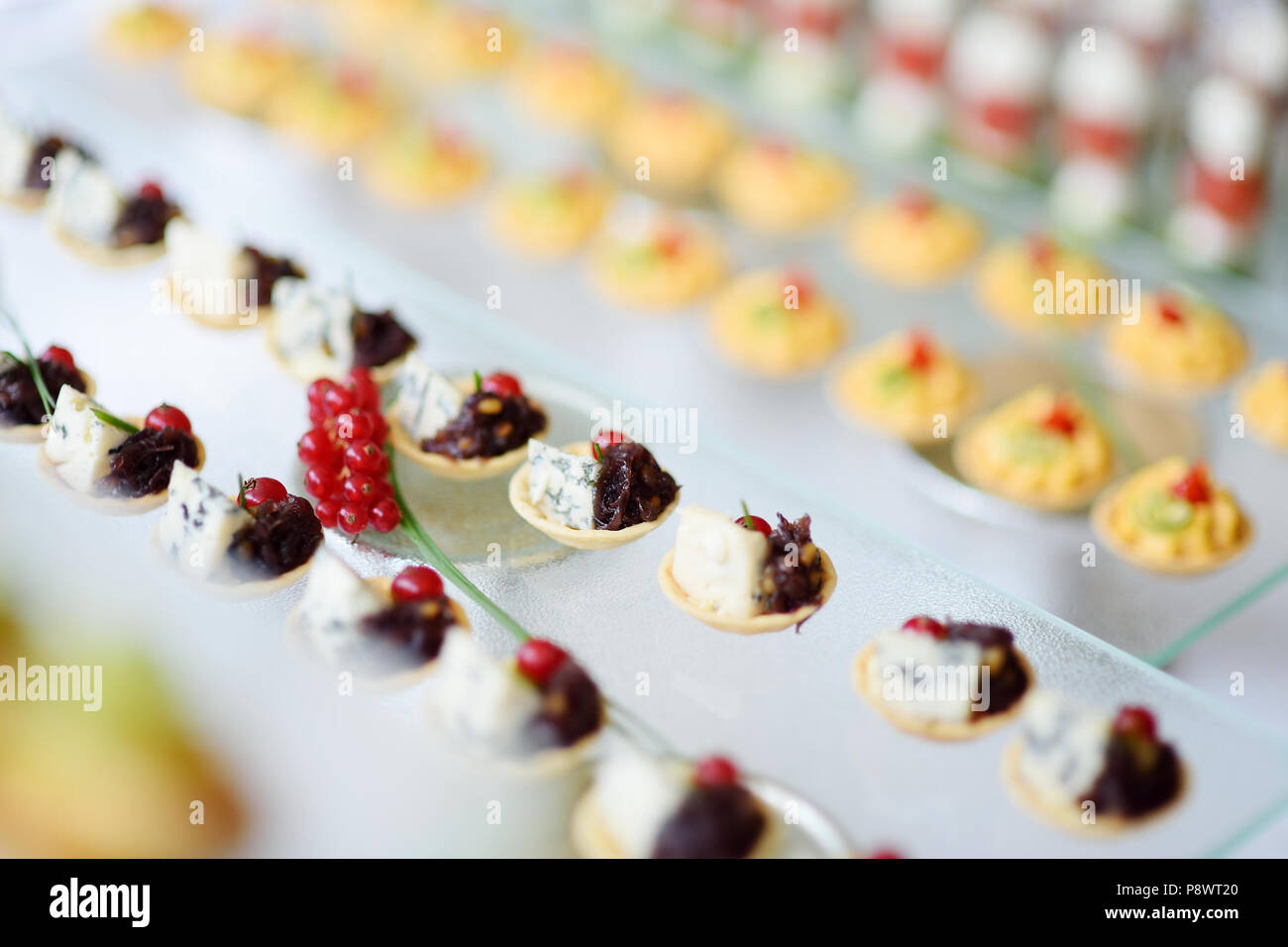 Plates with assorted finger food snacks on an event party or dinner ...