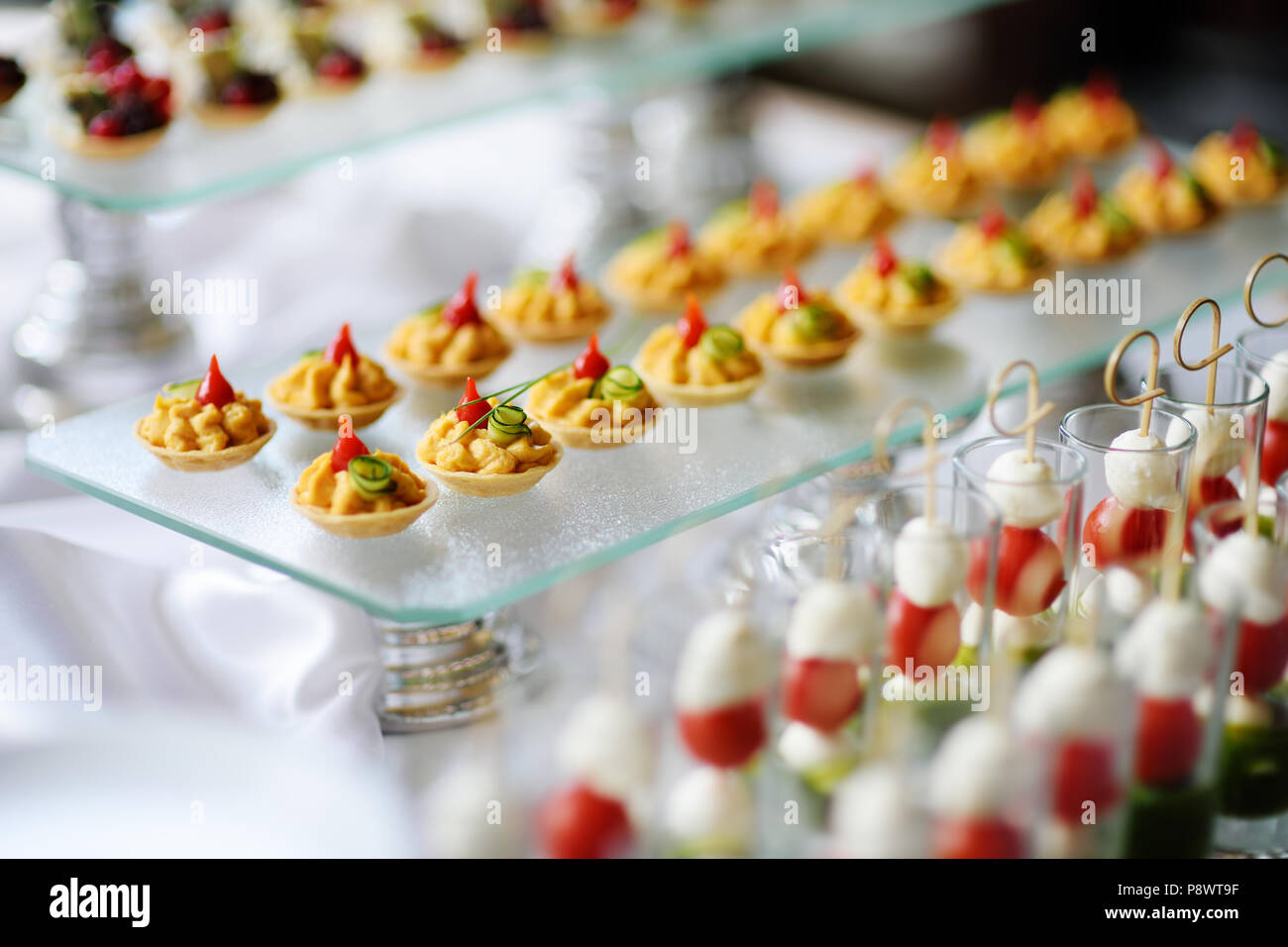 Plates with assorted finger food snacks on an event party or dinner ...
