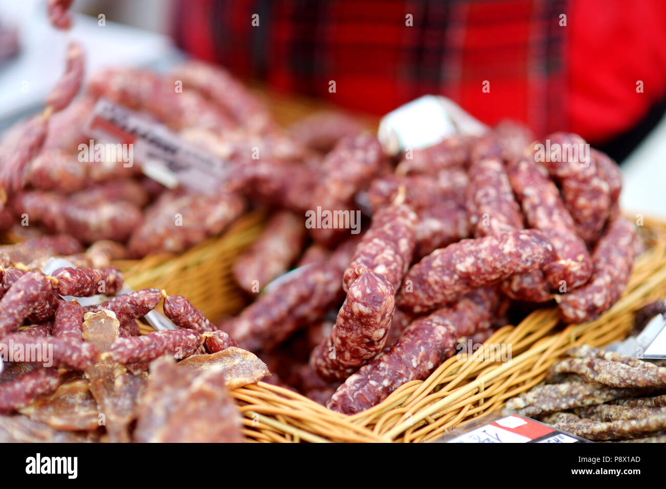 Selection of assorted home made sausages on a farmer's market in ...