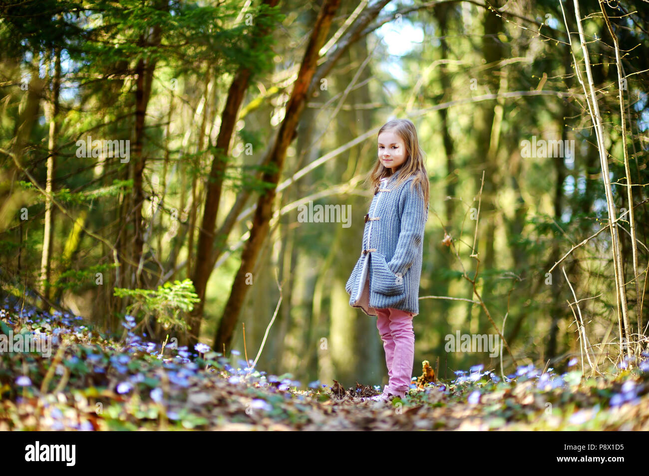 Adorable little girl picking the first flowers of spring in the woods ...