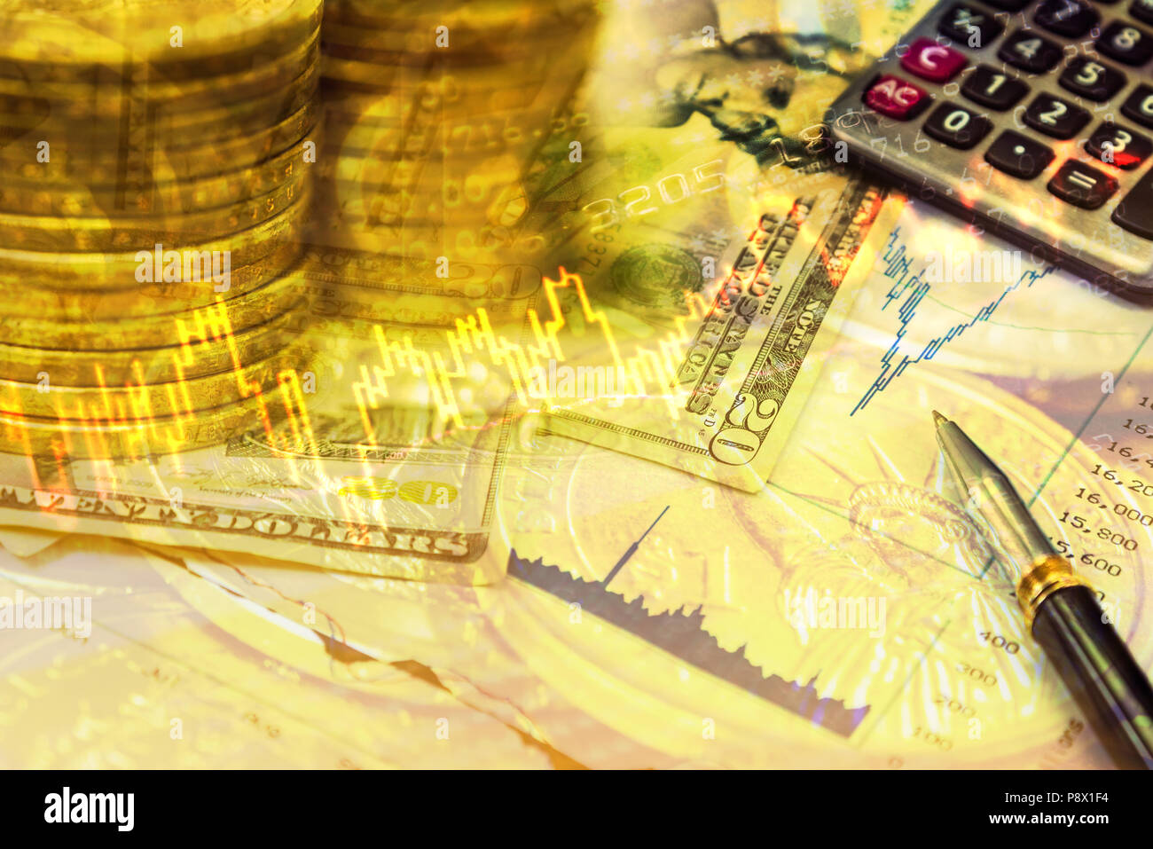 Double exposure of close up on the money coins and banknote with stock ...