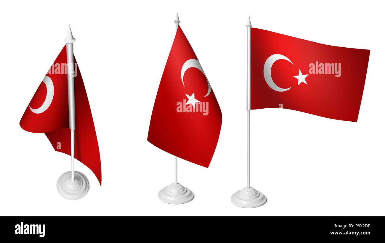 Isolated 3 Small Desk Turkey Flag waving 3d Realistic Turkish Desk Flag ...