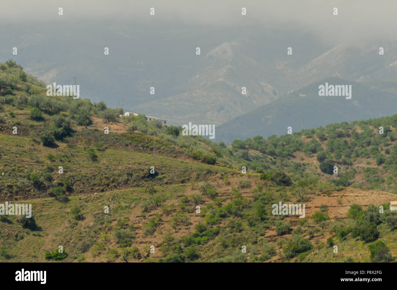 typical spanish village houses and farmland in the hills of andalusia ...