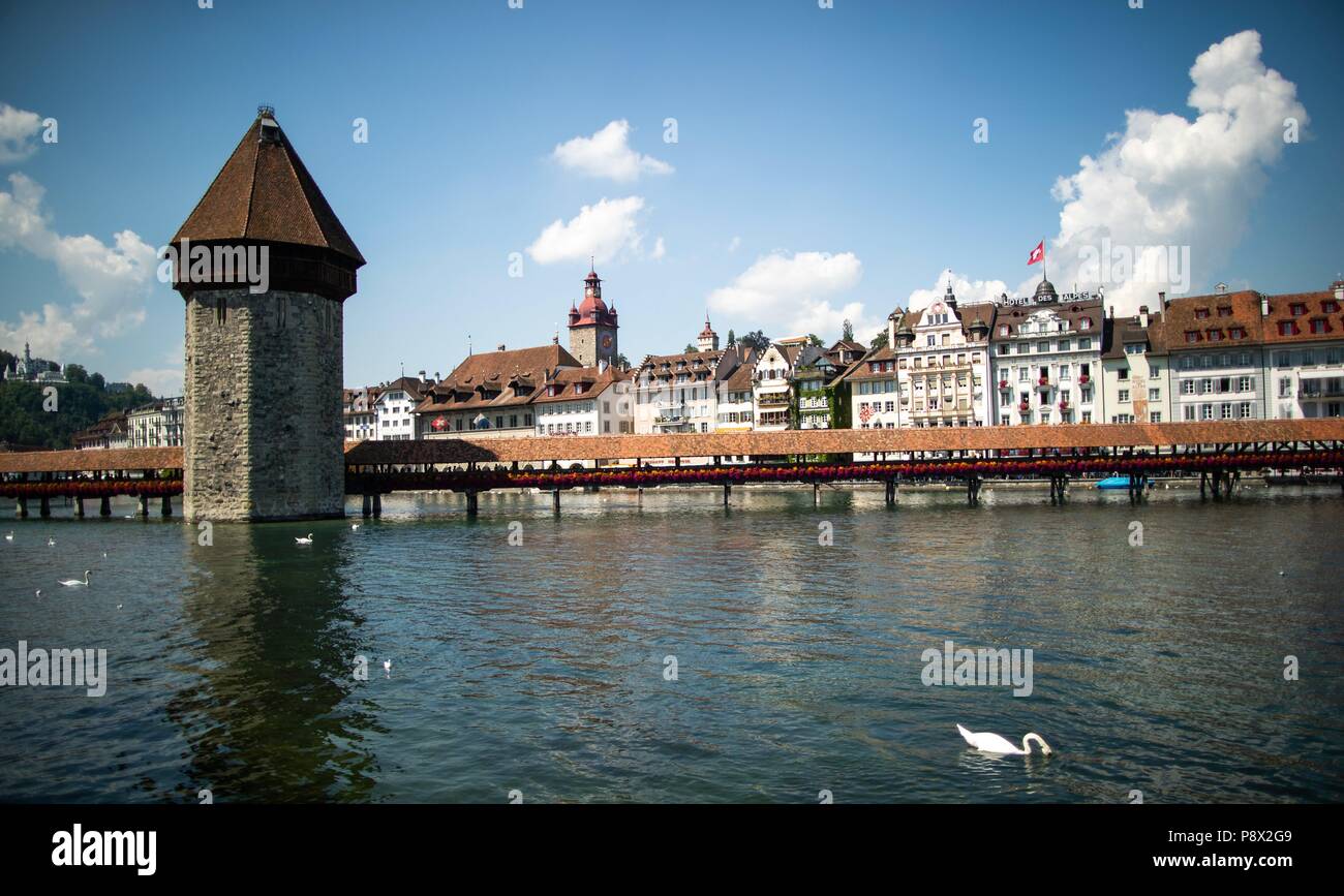 Lucerne, Switzerland, 16 August 2016: The historic Chapel Bridge with ...