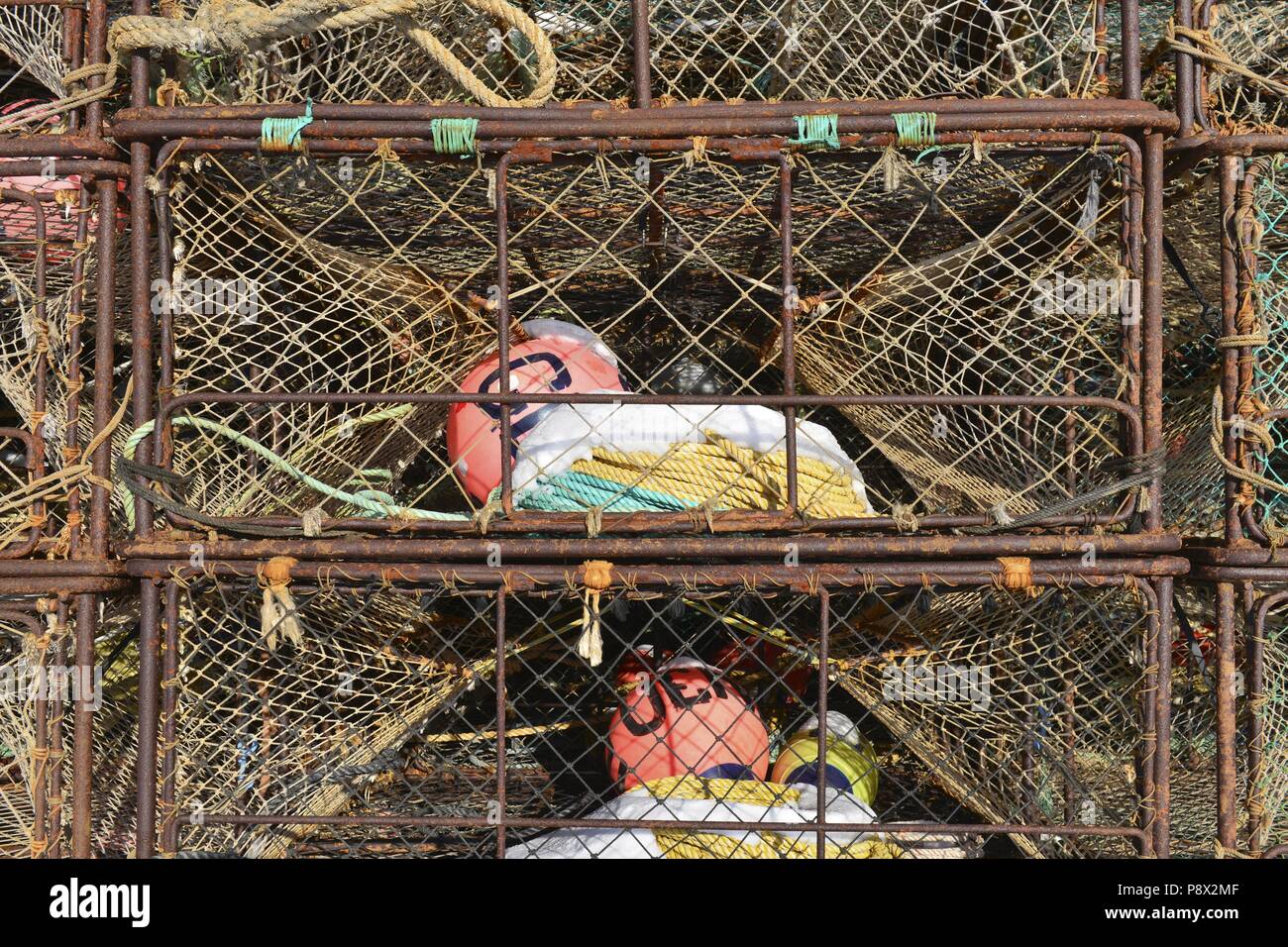 Iron trap cages with nets and ropes and buoys for king crabs in ...