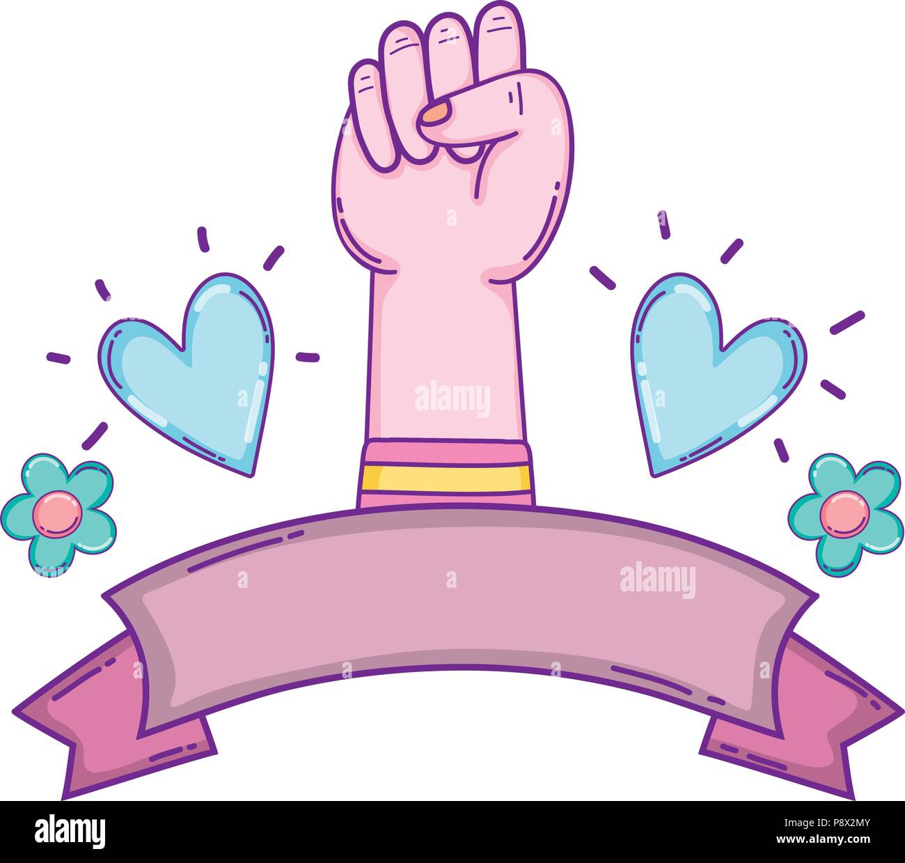 fist up hand gesture with heart and flowers vector illustration Stock ...