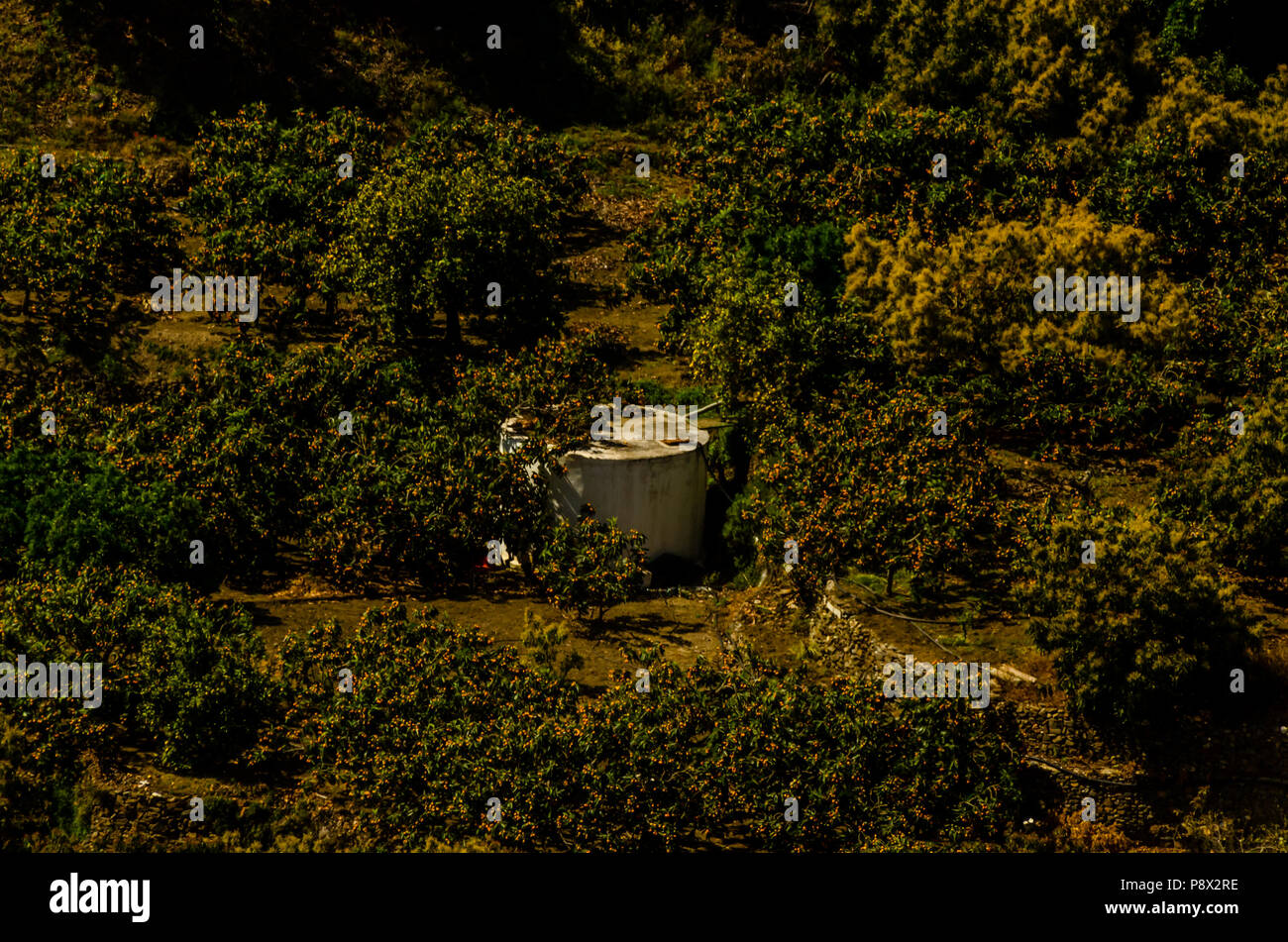 Concrete irrigation basin on high hills in Andalusia, a place of water ...