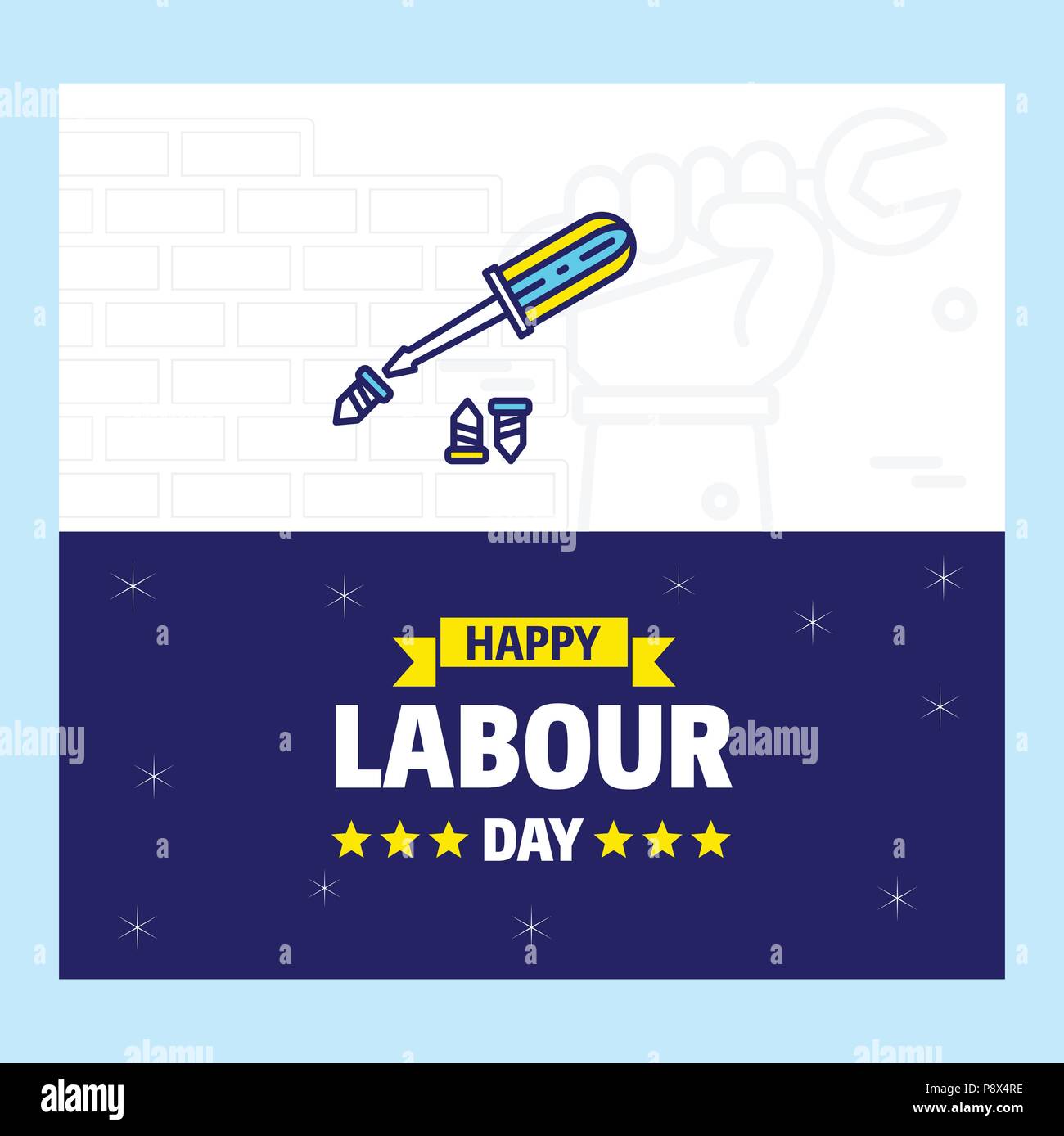 Happy Labour day design with blue and yellow theme vector with screw driver logo. For web design ...