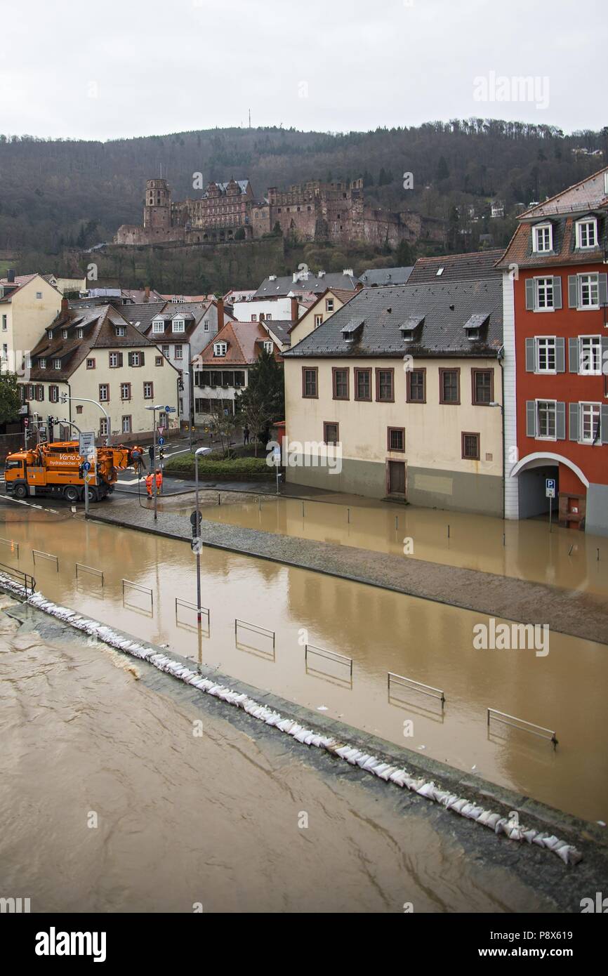 High flood of Neckar river, Heidelberg, Baden-Wuerttemberg, Germany ...