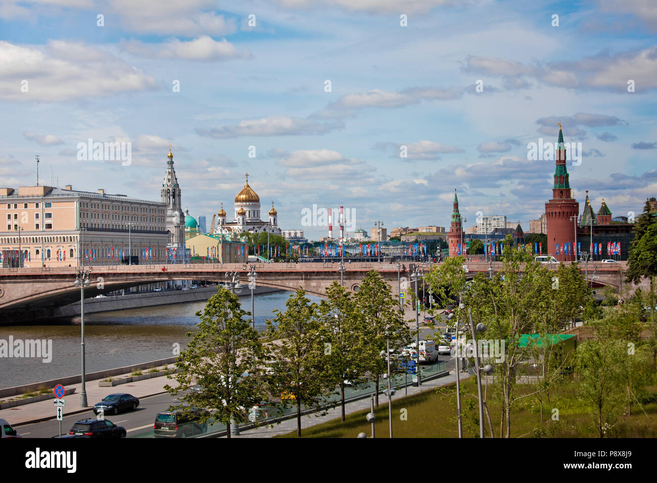 Moscow, Russia - June, 2018: Moscow city view with red Kremlin towers ...