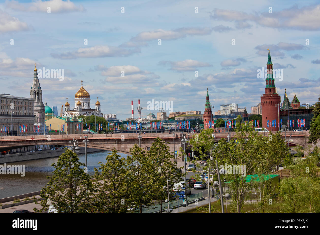 Moscow, Russia - June, 2018: Moscow city view with red Kremlin towers ...