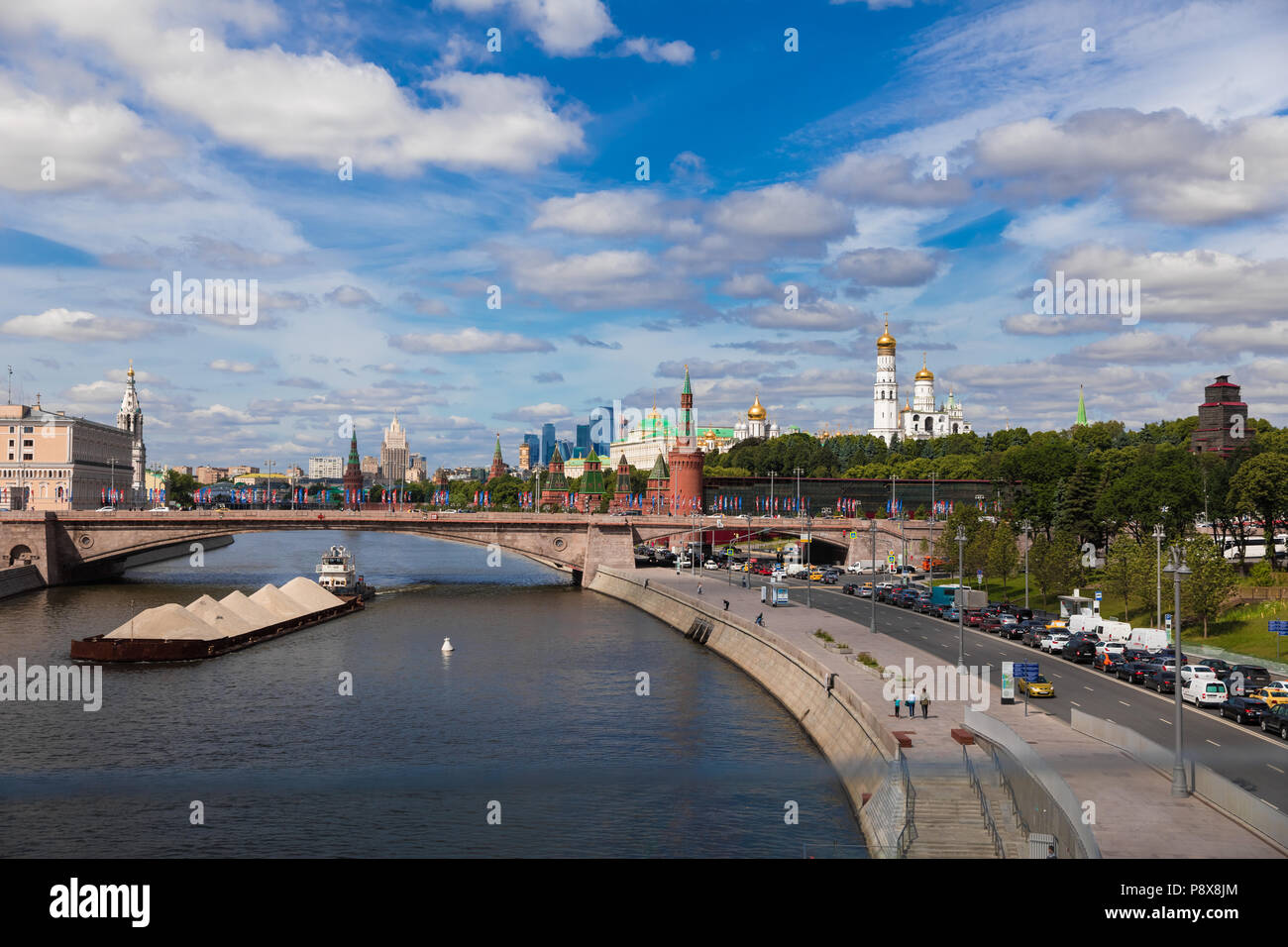Moscow, Russia - June, 2018: Moscow city view with red Kremlin towers ...