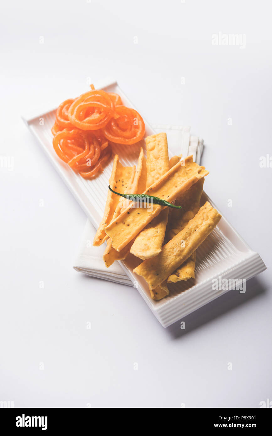 Crispy Fafda with sweet jalebi is an Indian snack most popular in ...