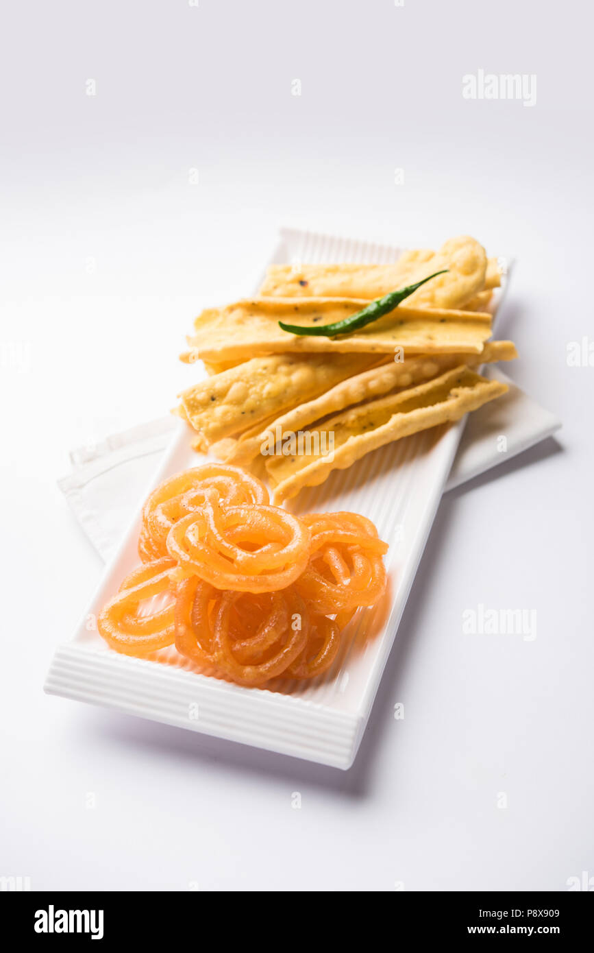 Crispy Fafda with sweet jalebi is an Indian snack most popular in ...