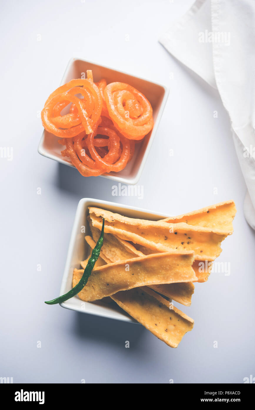Crispy Fafda with sweet jalebi is an Indian snack most popular in ...