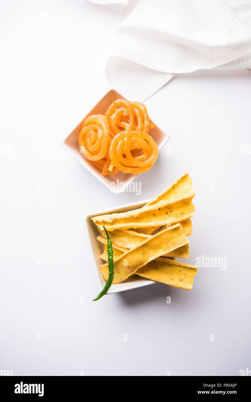 Crispy Fafda with sweet jalebi is an Indian snack most popular in ...