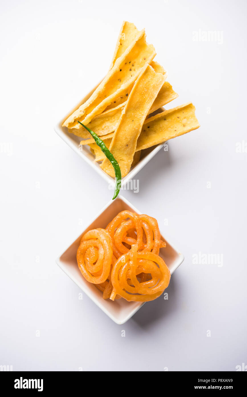 Crispy Fafda with sweet jalebi is an Indian snack most popular in ...