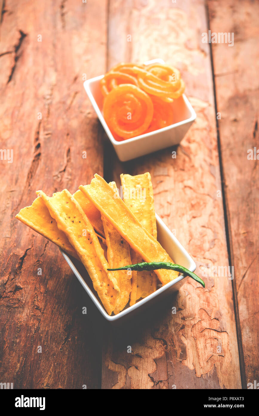 Crispy Fafda with sweet jalebi is an Indian snack most popular in ...