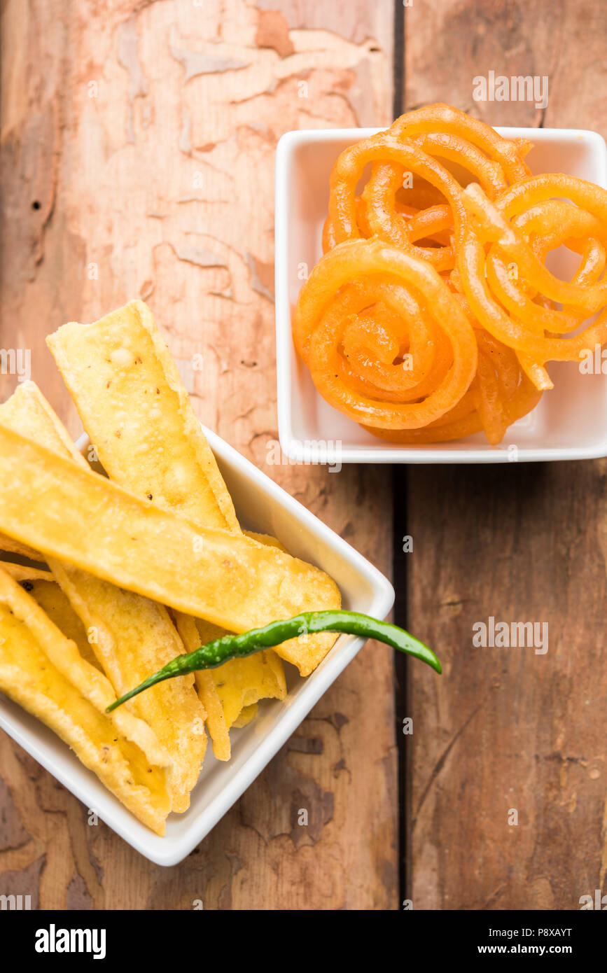 Crispy Fafda with sweet jalebi is an Indian snack most popular in ...