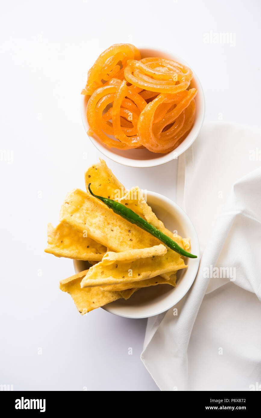Crispy Fafda with sweet jalebi is an Indian snack most popular in ...