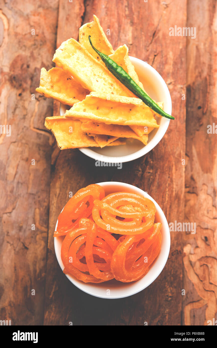 Crispy Fafda with sweet jalebi is an Indian snack most popular in ...