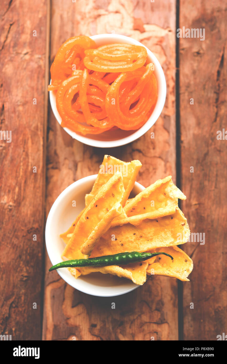 Crispy Fafda with sweet jalebi is an Indian snack most popular in ...