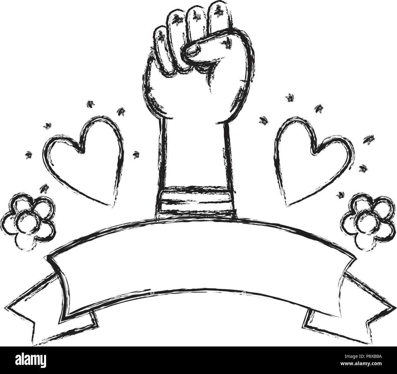 grunge fist up hand gesture with heart and flowers vector illustration ...