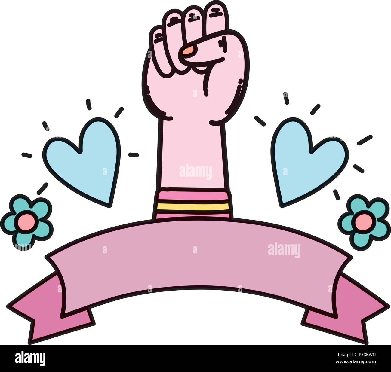 color fist up hand gesture with heart and flowers vector illustration ...