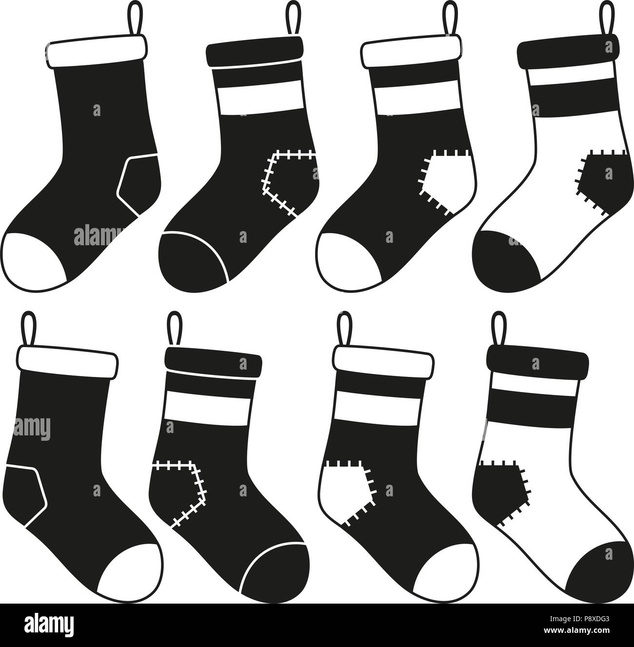 Black and white 8 xmas stocking silhouette set. Holiday themed vector ...