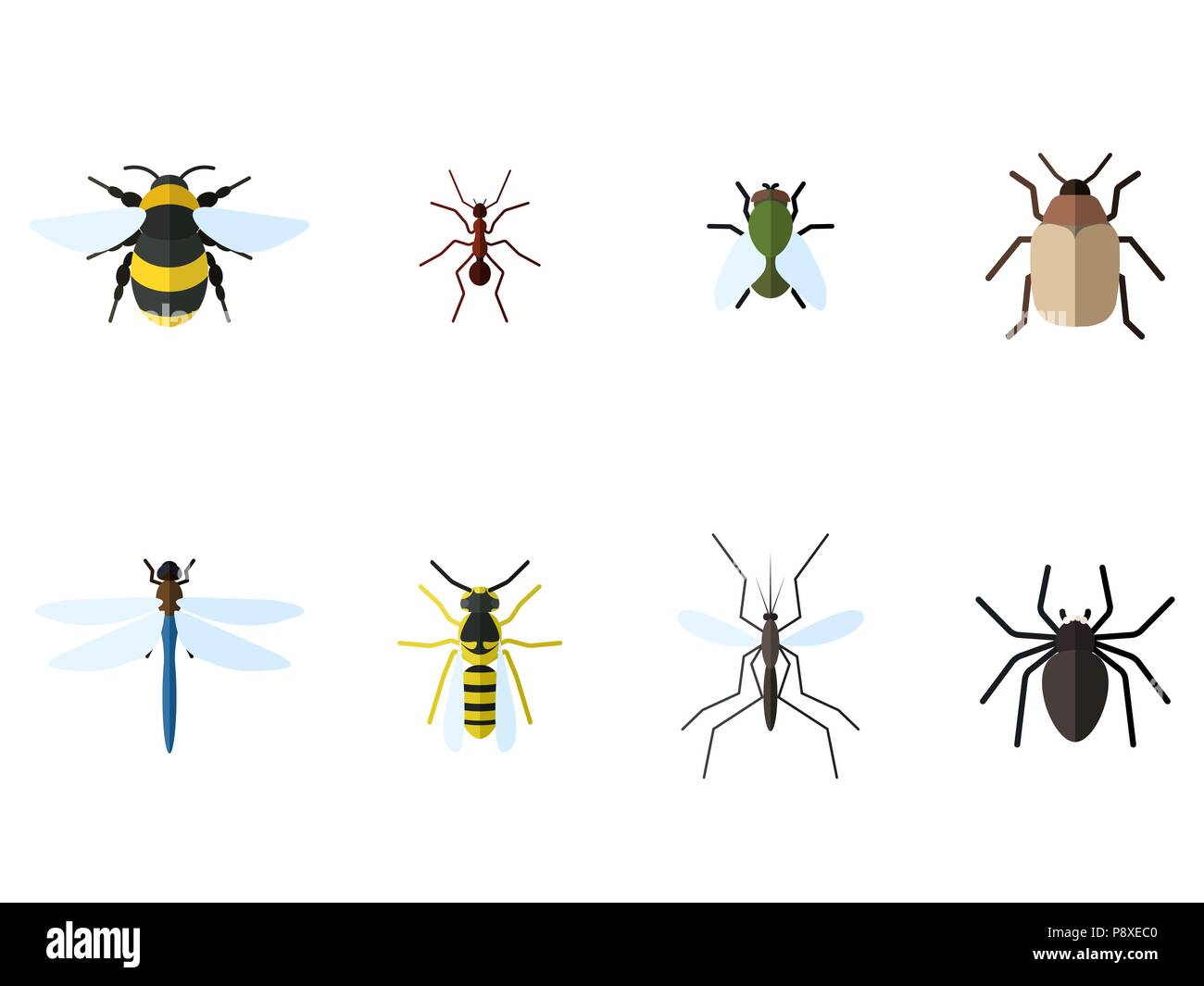 Set of 8insects icons in flat style. Bee, ant, fly, beetle and other ...
