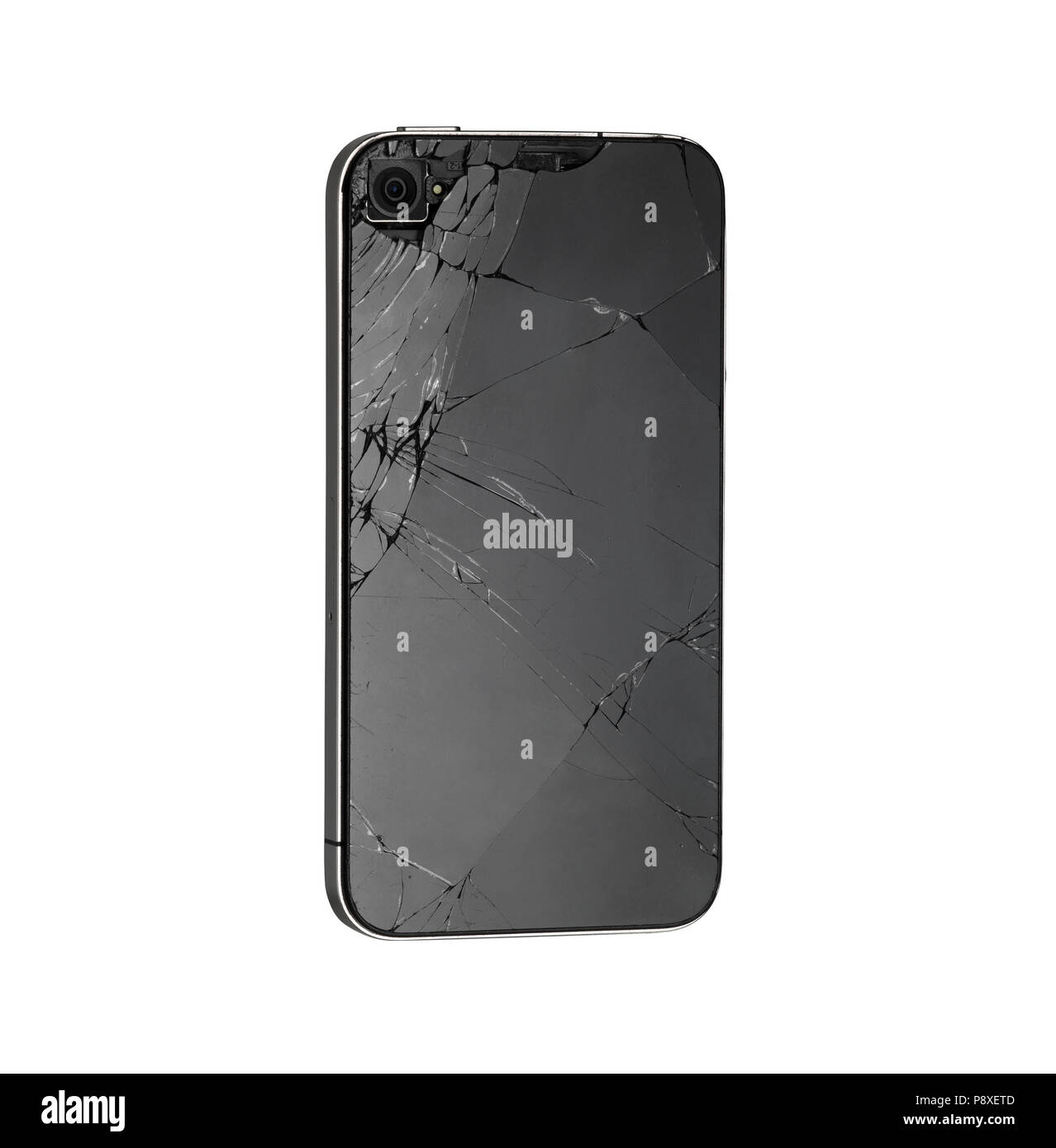 Damaged back side of an smartphone isolated on white background. View ...