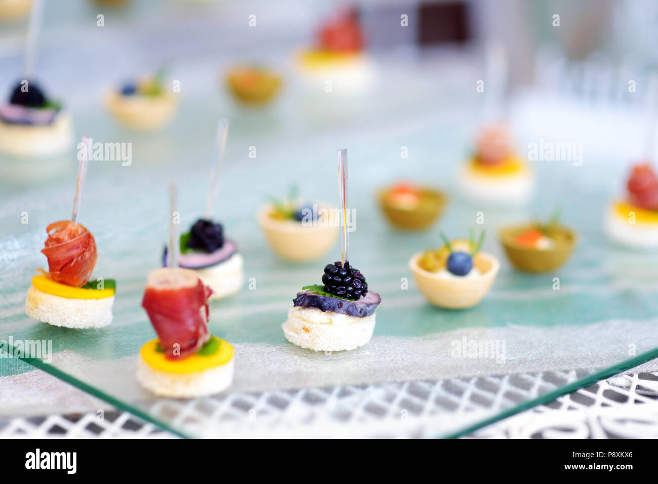 Plates with assorted fancy finger food snacks on an event party or ...