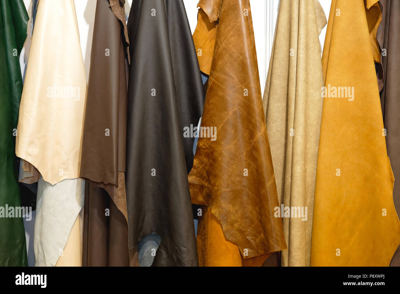 Leather pelt color raw material hanging Stock Photo - Alamy
