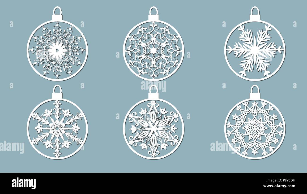 Christmas balls set with a snowflake cut out of paper. Templates for ...