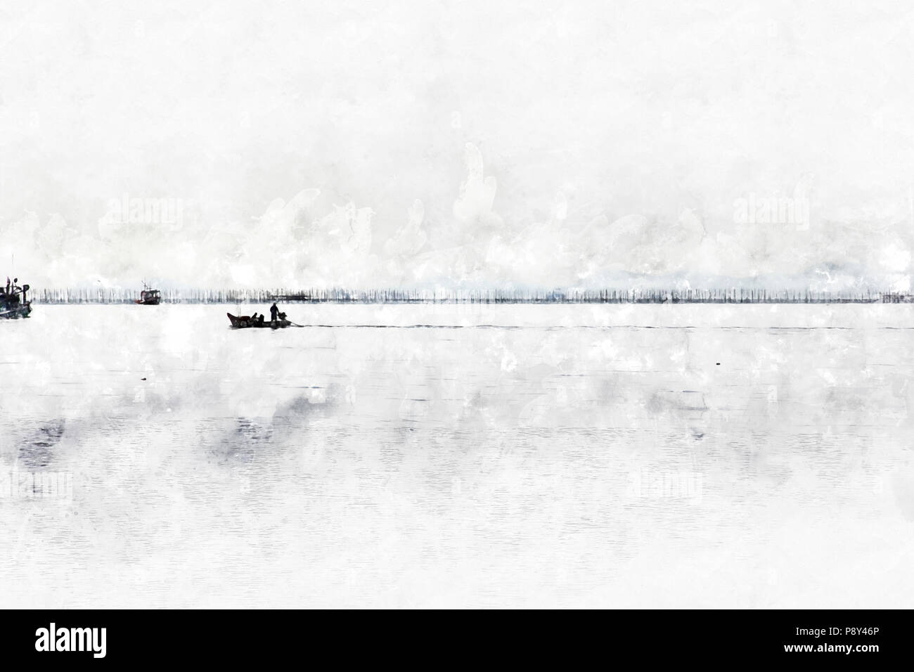 Abstract Fishing boat in sea on watercolor painting background Stock ...