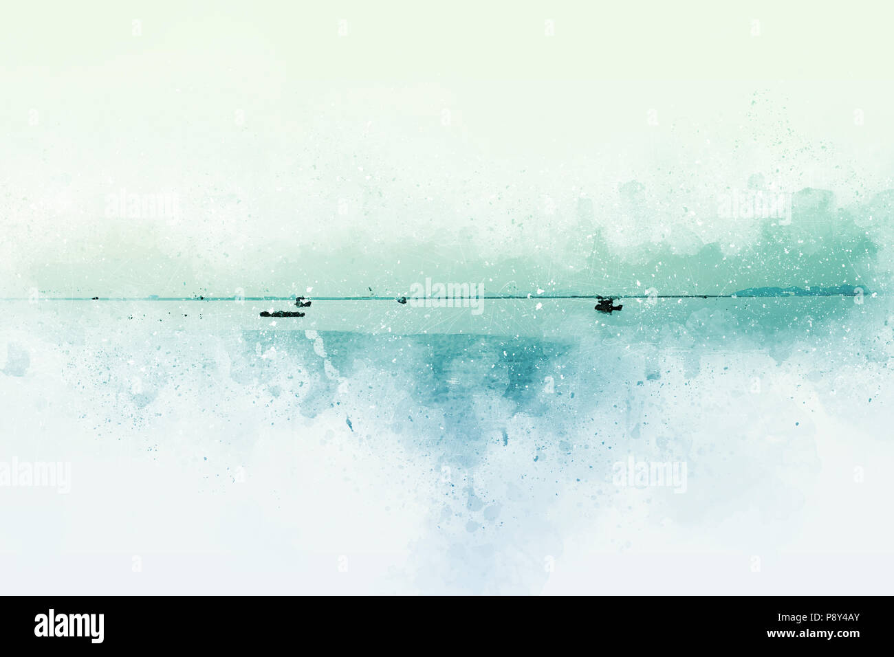 Abstract Fishing boat in sea on watercolor painting background Stock ...